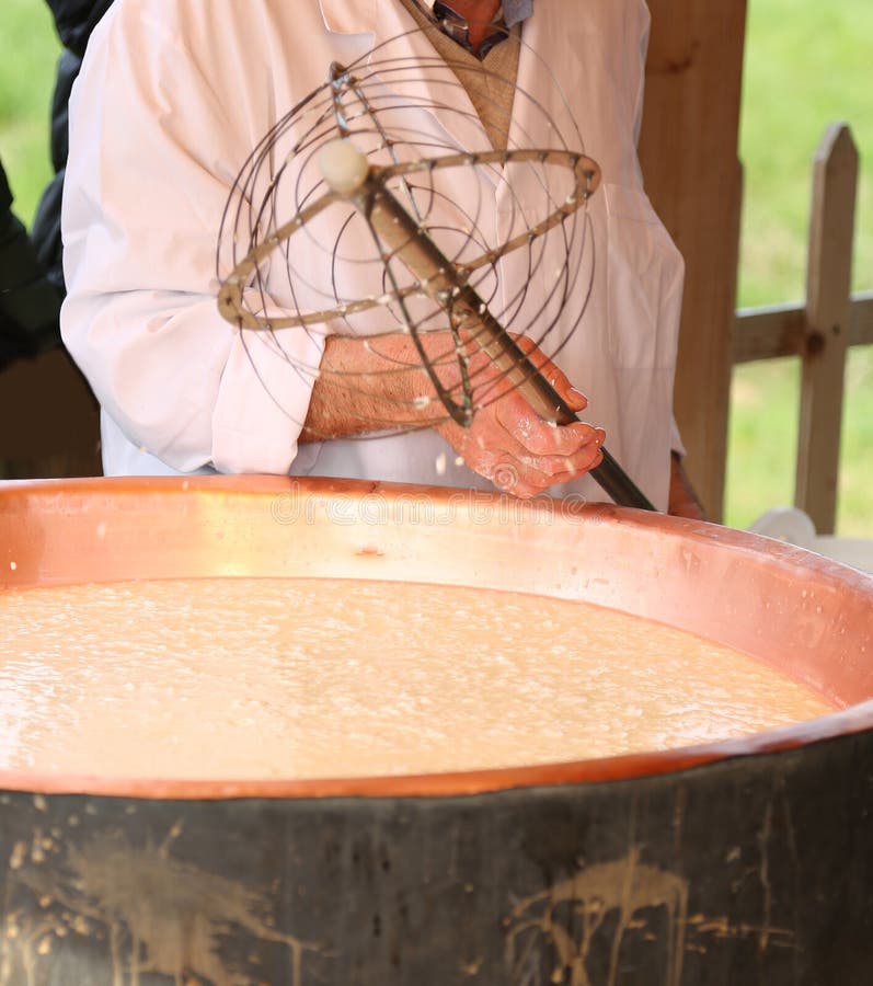 Copper Pot with Milk for Making Cheese in the Mountain Dairy Stock ...