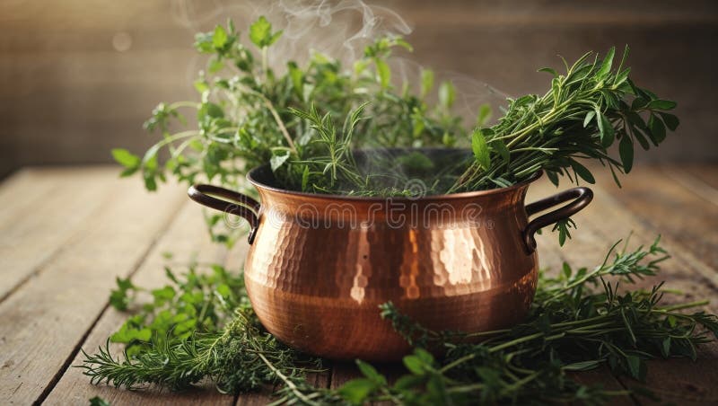 Copper Pot Simmering Fresh Herbs Wooden Table Background Stock Photos ...