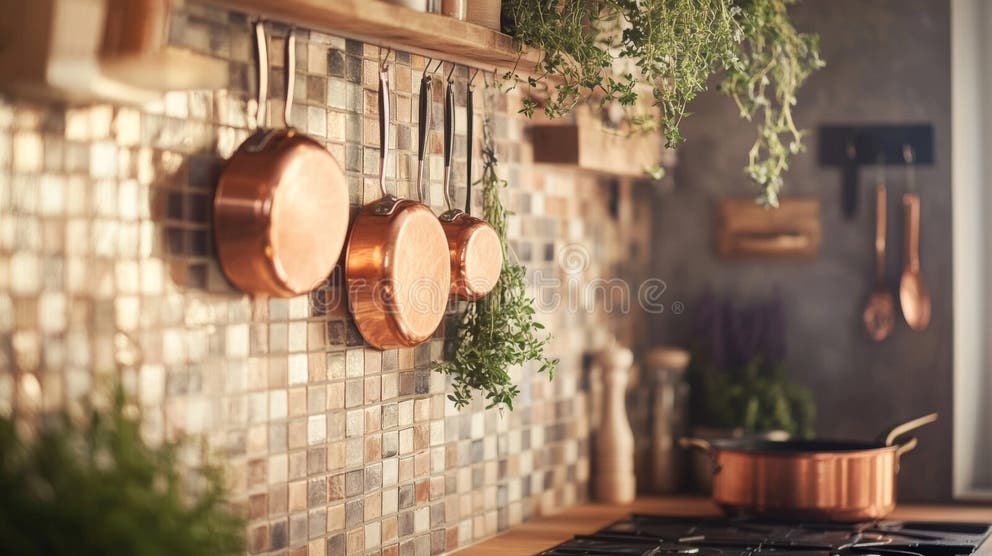Copper Pots Hanging on Tile Backsplash in Rustic Kitchen Stock ...
