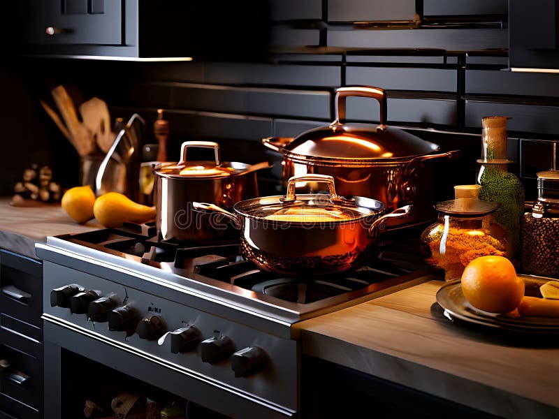 Copper Pots on a Modern Kitchen Counter Stock Photo - Image of spice ...