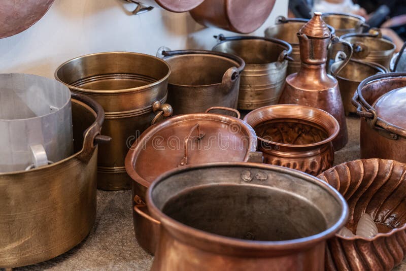 Copper Pots and Pans and Other Kitchen Utensils in an Antique Kitchen ...