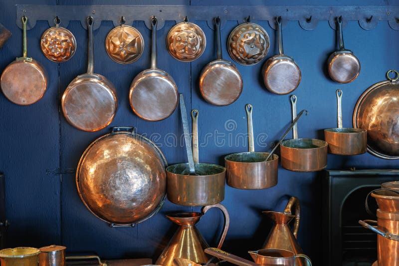Copper Pots and Pans and Other Kitchen Utensils in an Antique Metal ...