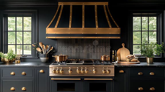 Copper Range Hood, Dark Kitchen, Windows, Cooking Stock Illustration ...