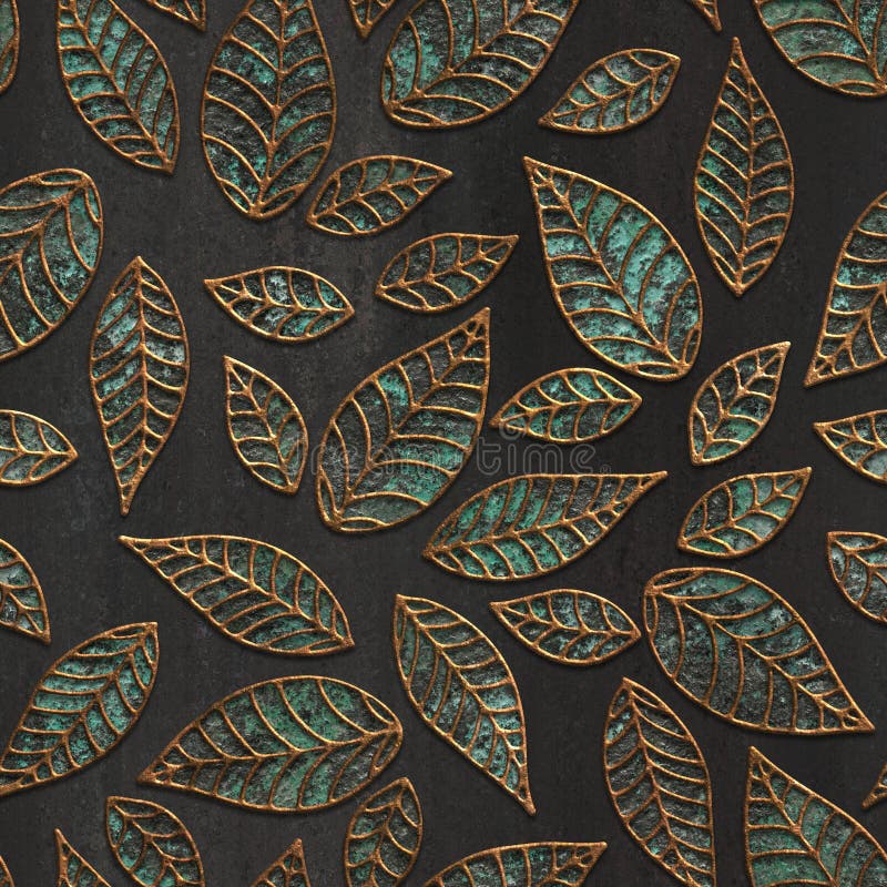 Copper Seamless Texture with Leaves Pattern on a Black Grunge ...