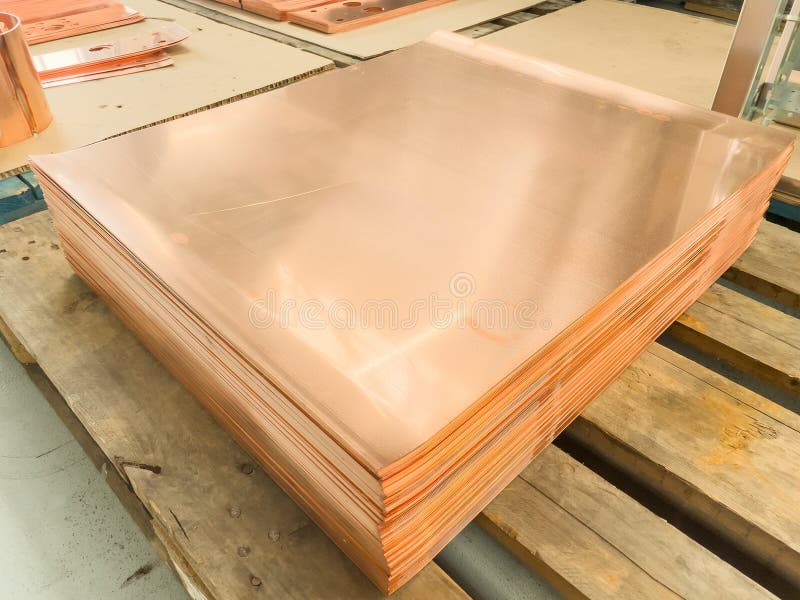 Stack of Shiny Copper Sheets Lying on Wooden Pallet in Metalworking ...