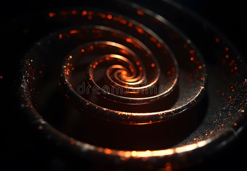 Copper Spiral Coil Viewed Under Dark Light with Orange Reflections ...