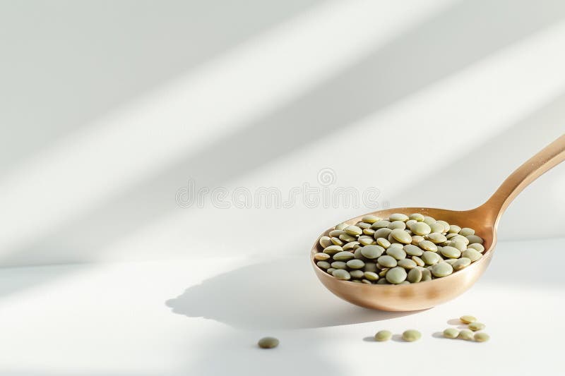 Copper Spoon Filled with Green Lentils Resting on a White Surface with ...