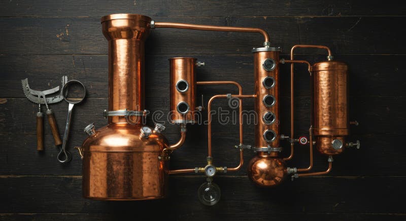 Copper Still Distillery Equipment Highangle Closeup View of a Copper ...