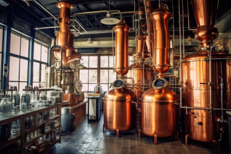 Copper Stills and Equipment Shining in the Distillery Stock ...