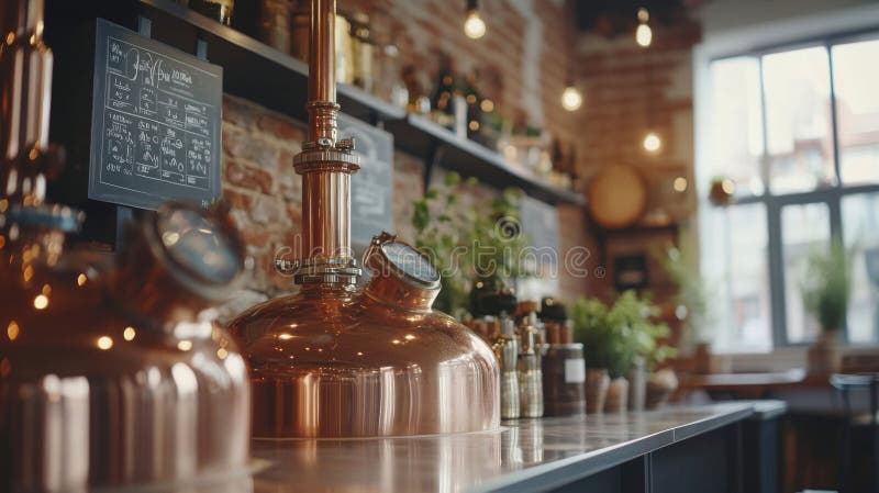 Copper Stills in a Rustic Distillery Bar Interior Stock Illustration ...