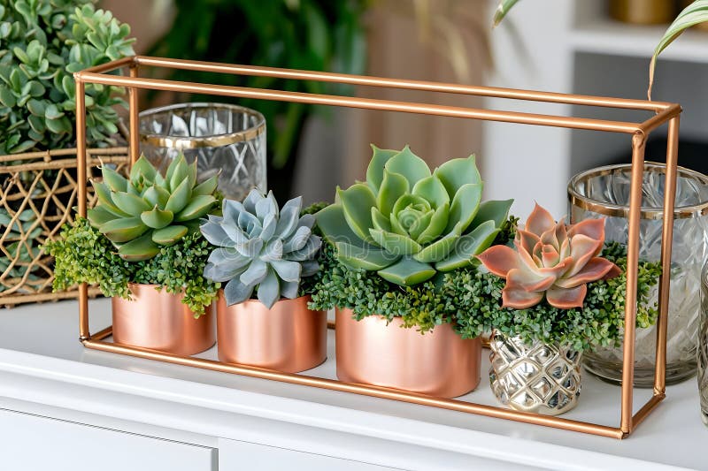 Copper Succulent Planter Arrangement on White Surface Stock ...
