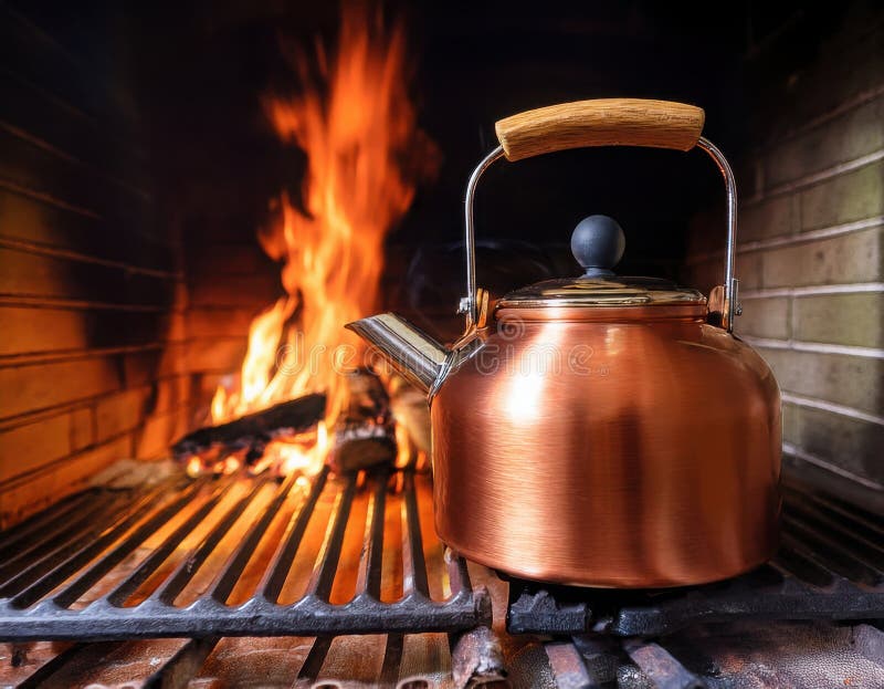 A Copper Tea Kettle Heating on a Wood-fired Stove Stock Illustration ...