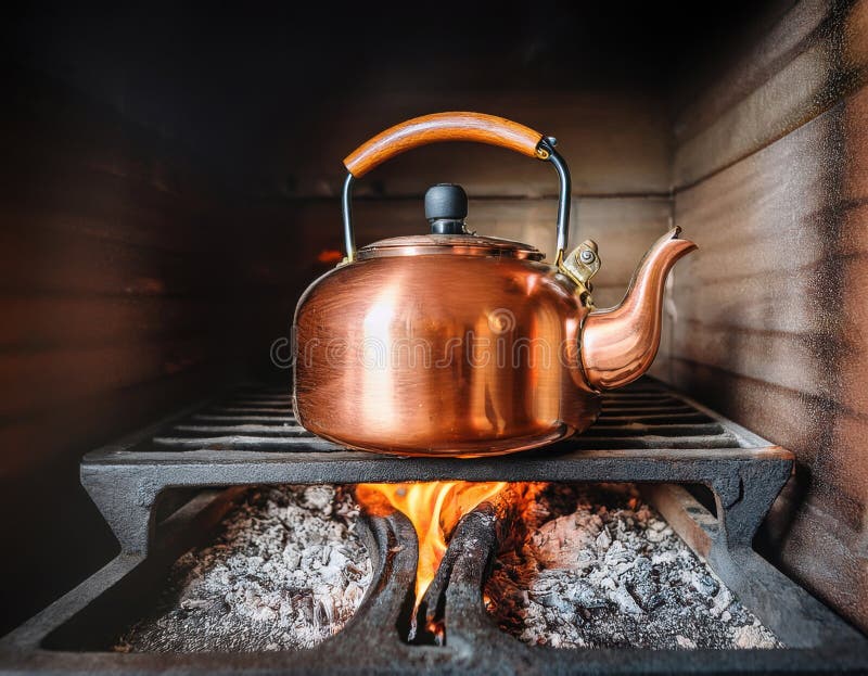 A Copper Tea Kettle Heating on a Wood-fired Stove Stock Illustration ...
