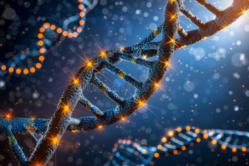 Copper Toned DNA Helix with Glowing Particles and a Dark Background ...