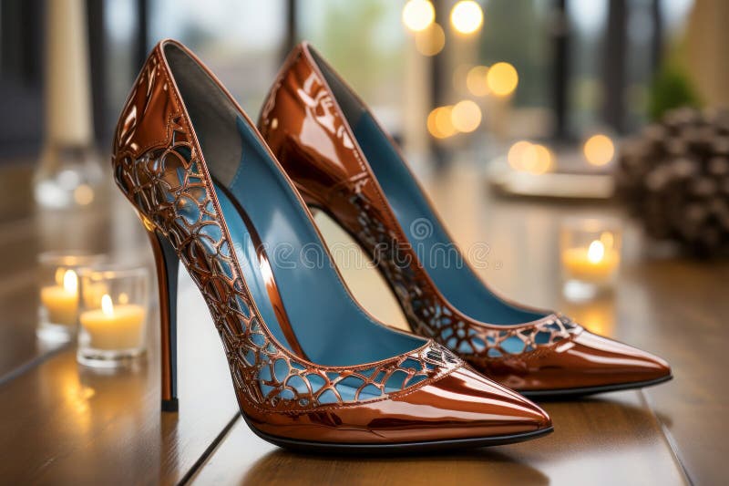 Copper Toned High Heels With Intricate Design In Candlelit Ambience Stock Illustration