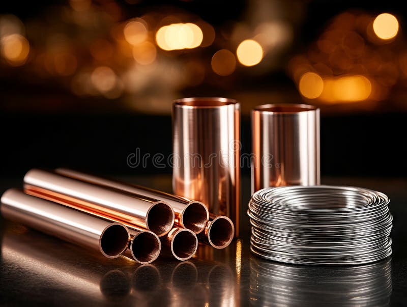 Copper Tubes and Tubes on a Table with Lights in the Background Stock ...