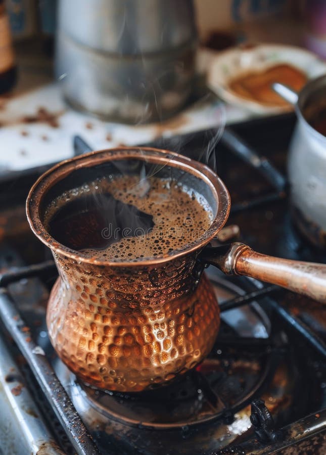 Copper Turkish Coffee Pot on the Stove and Coffee Beans Stock Image ...