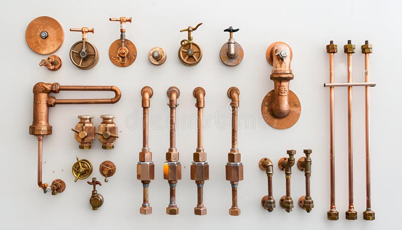 Copper Valves and Pipes on a White Wall Stock Image - Image of heat ...