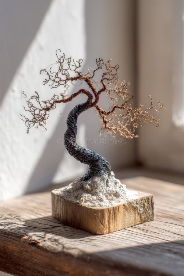 Copper Wire Bonsai Tree Sculpture on Wooden Base Stock Illustration ...