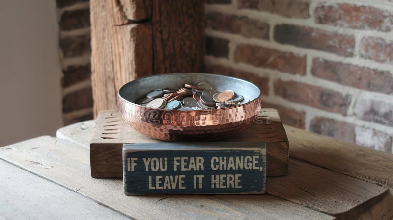Copper Wire Bowl Filled with Coins and Sign Encouraging Change ...