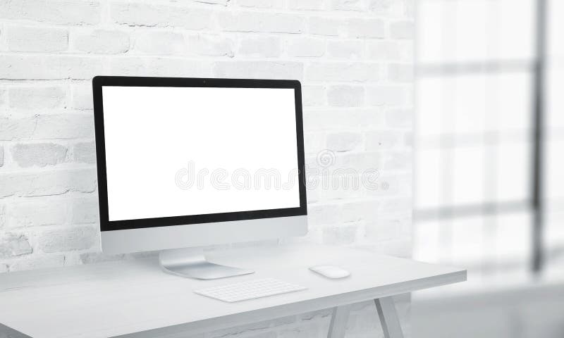 Coputer Display on Office Desk with Isolated Screen in White for App or ...