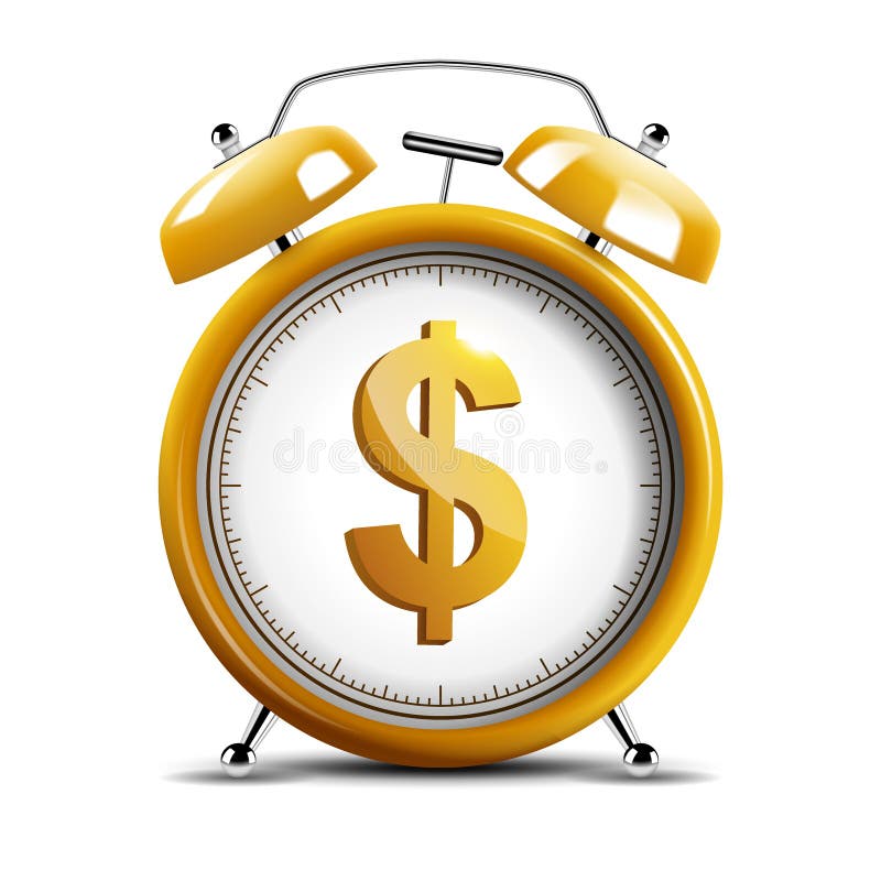 Realistic Shiny Yellow Alarm Clock with Shiny Dollar Emblem, Time is ...