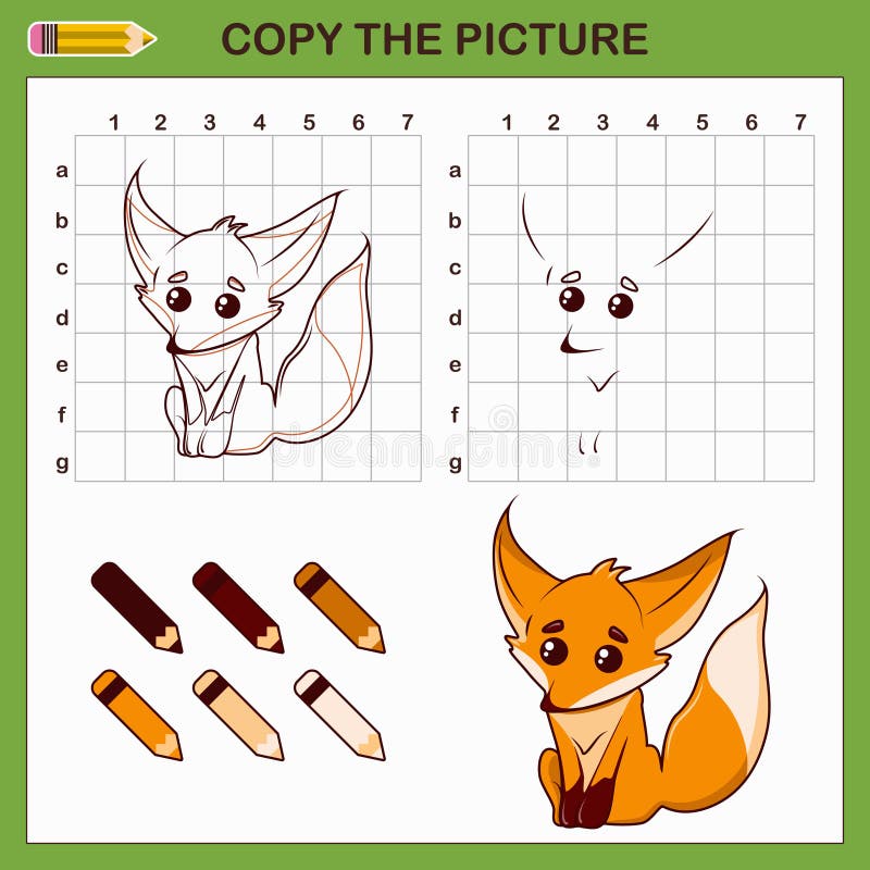 Copy Drawing of Fox. Vector Draw Worksheet with Cute Fox Stock ...