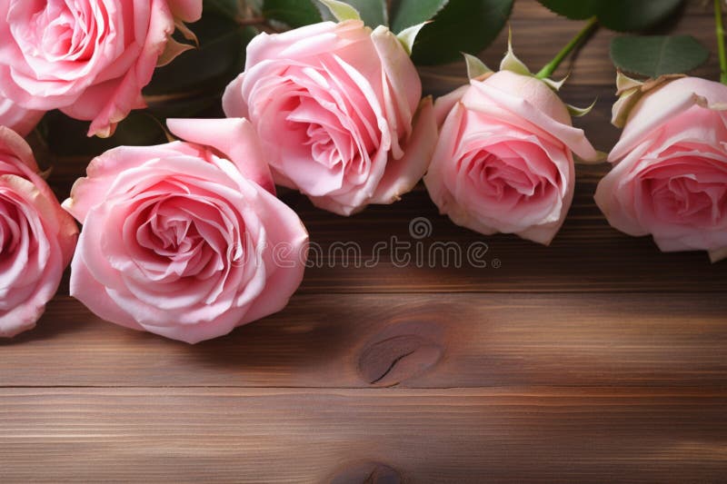 Copy Space Bloom Gentle Pink Roses on Rustic Wooden Board Stock ...
