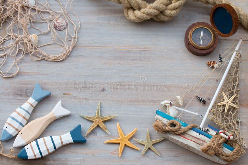 Copy Space of Compass, Fish and Boat. Marine Life Stock Photo - Image ...