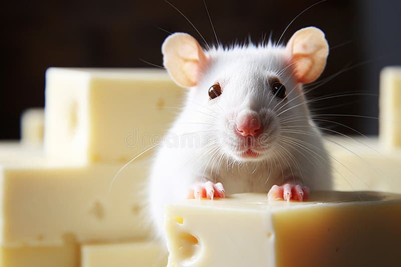 Copy Space Delight Close Up of a White Rat with Cheese Stock ...