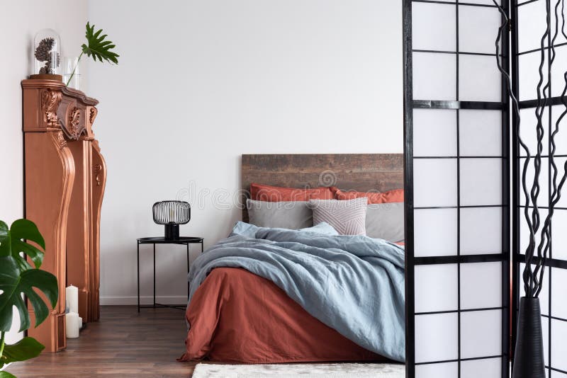 Empty White Wall of Rustic Bedroom Interior Stock Image - Image of ...