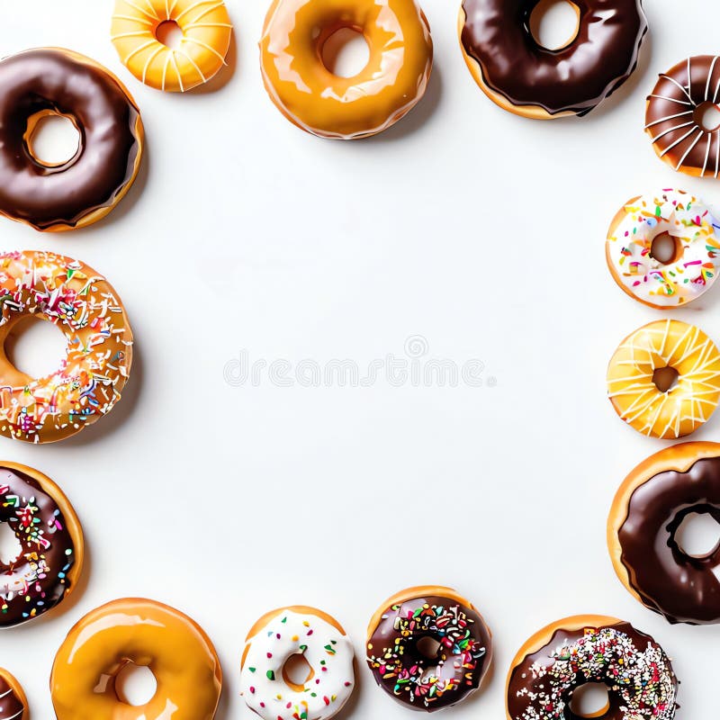 Copy Space Frame Flat Lay with Many Kind of Donuts on White Background ...