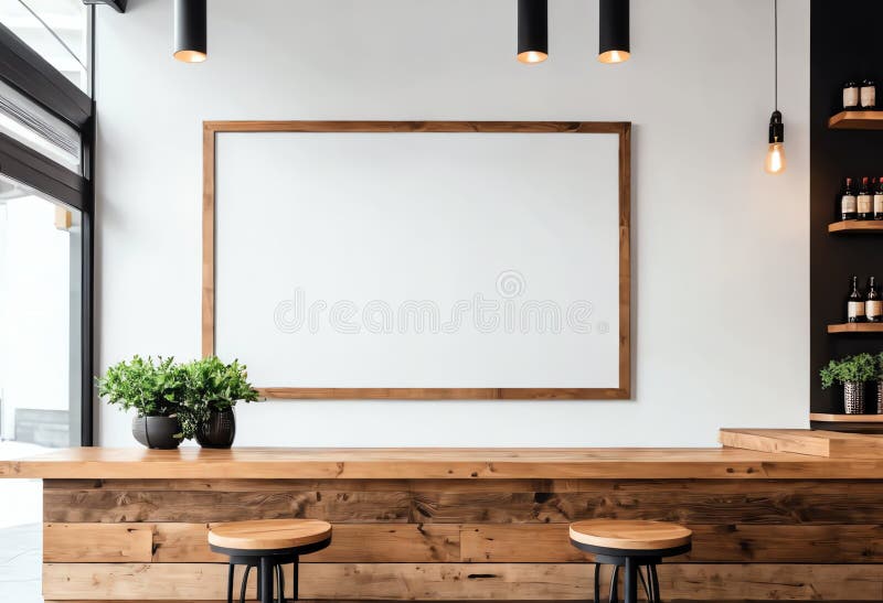 A Copy Space Interior of Bar Counter Table with Blank White Poster ...