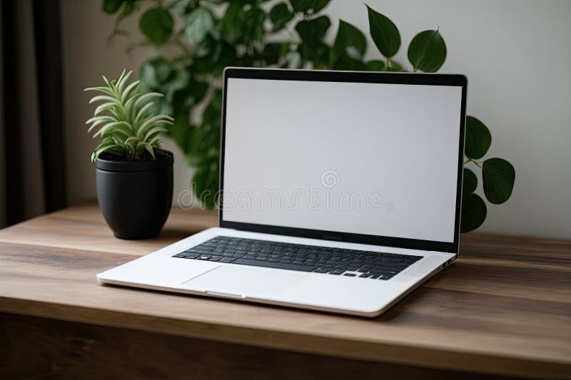 Copy Space Laptop with Blank Screen on Wood Table Stock Illustration ...