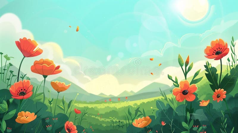 Copy Space Vector Illustrationspring Landscape With Flowers Animated Film Style Bright