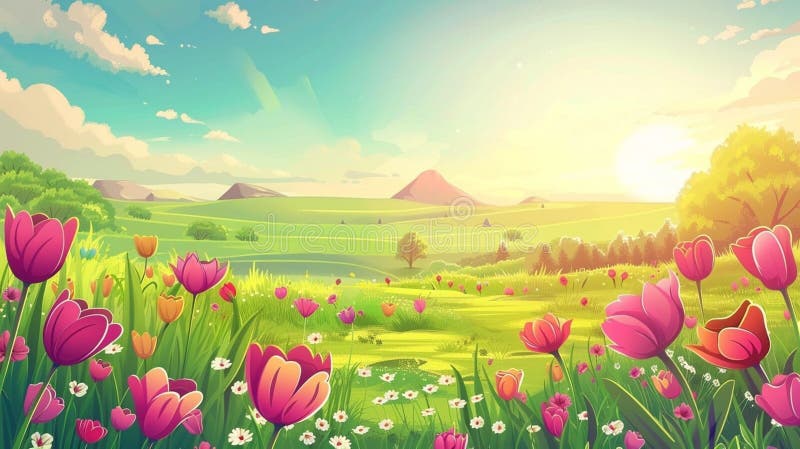 Copy Space Vector Illustrationspring Landscape With Flowers Animated Film Style Bright