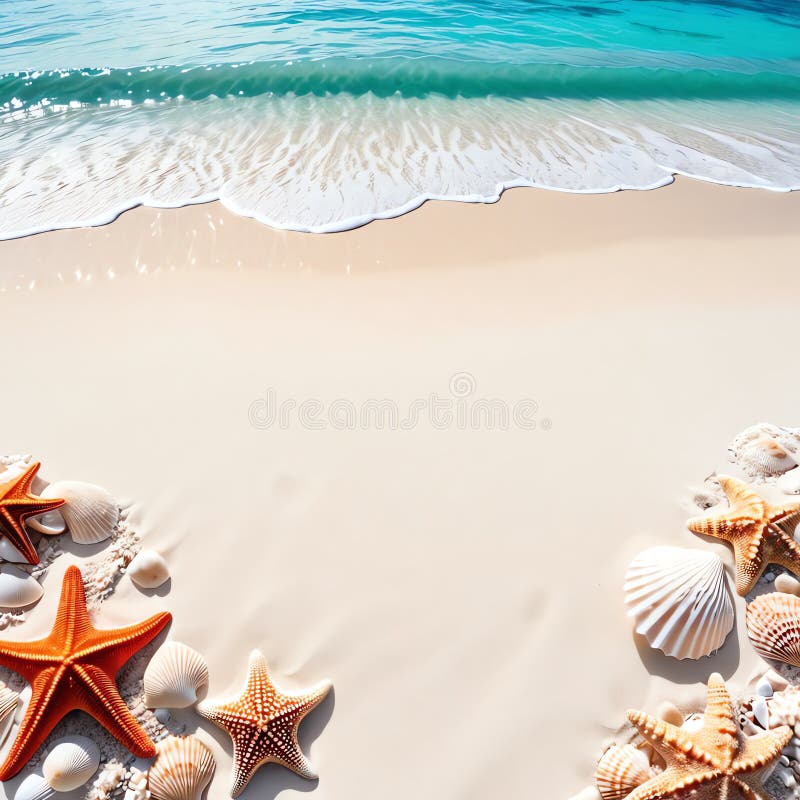 A Copy Space Water Beach Landscape with Starfish and Sea Shell Stock ...