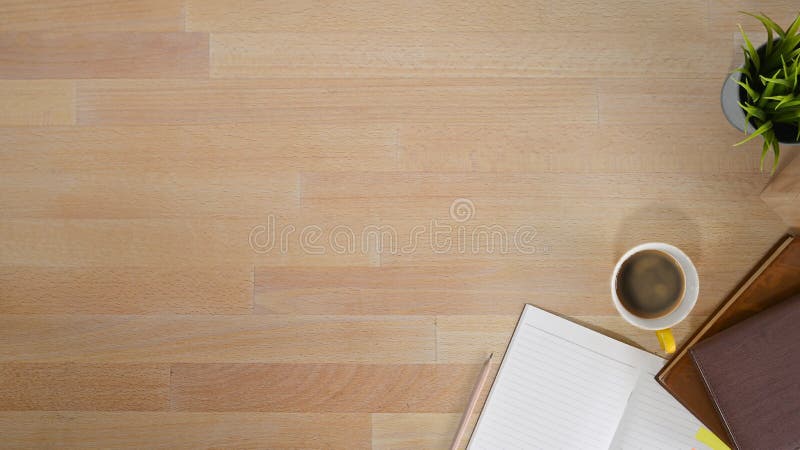 Copy Space Wood Table Top View with Notebook, Paper and Coffee. Stock ...