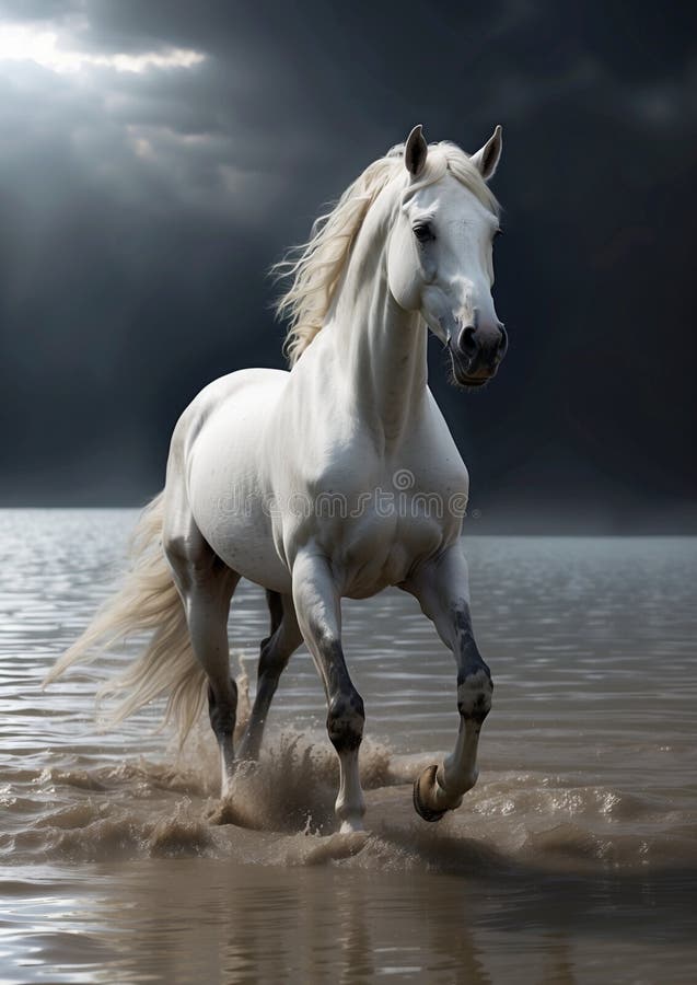 Stormy Serenity: Beautiful White Horse Wading through Beach Surf Stock Illustration ...
