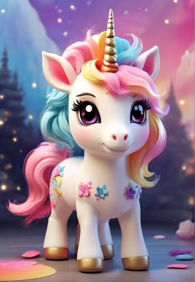Starry Forest Fantasy: Cartoon Kawaii Unicorn in Dreamy Landscape Stock Illustration ...