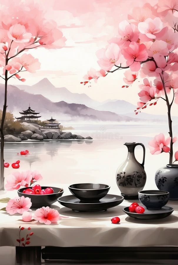 Sakura Feast: Sumi-e Table Setting with Sake and Black Ceramics Stock ...