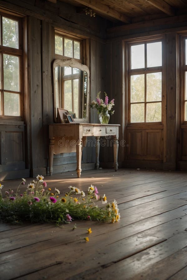 Rustic Charm: Vintage Dressing Table in Rural Living Room Stock ...