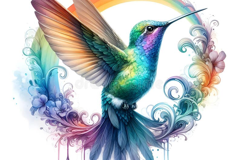 Rainbowcore Hummingbird Watercolor Art Stock Illustration ...