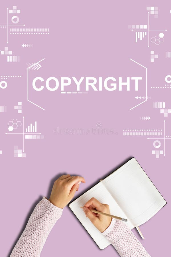 Copyright Concept with Abstract Graphics and Hands with Diary on Pink ...
