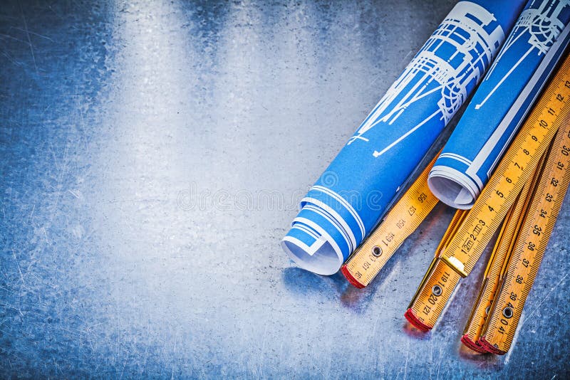 Copyspace of Blue Engineering Drawings Wooden Meter on Metallic Stock ...