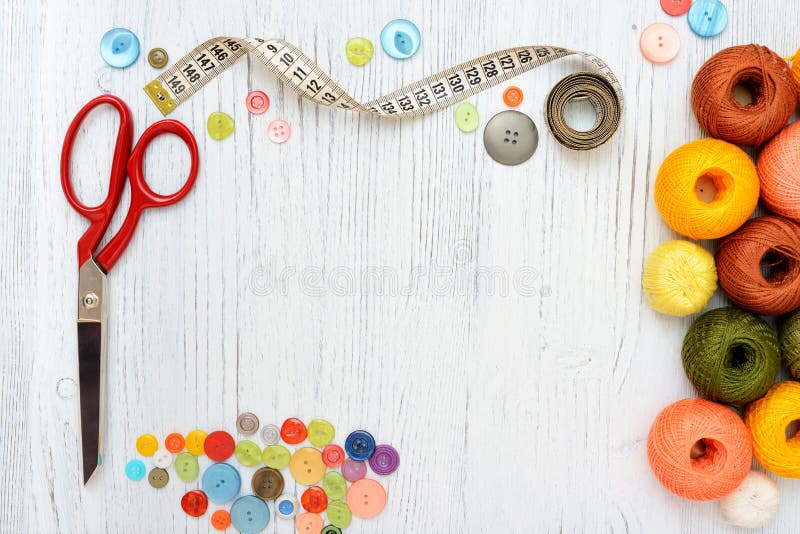 Copyspace Frame with Sewing Tools and Accesories on White Wooden ...