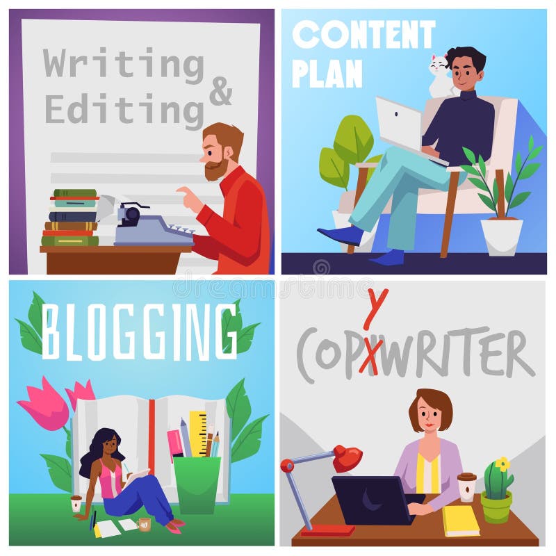Copywriting and Blogging Occupation Banners or Flyers Flat Vector ...
