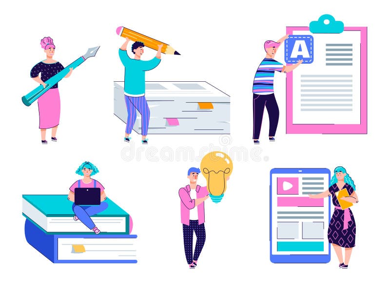 Copywriting Set with People Write Articles, Cartoon Vector Illustration ...
