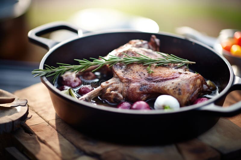 Coq Au Vin in a Rustic Cast Iron Pot, Fresh Thyme Garnish Stock Photo ...