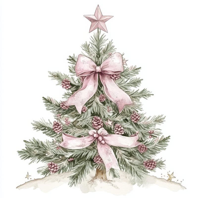 Coquette Christmas Tree Portrayed in a Watercolor Illustration. Stock ...